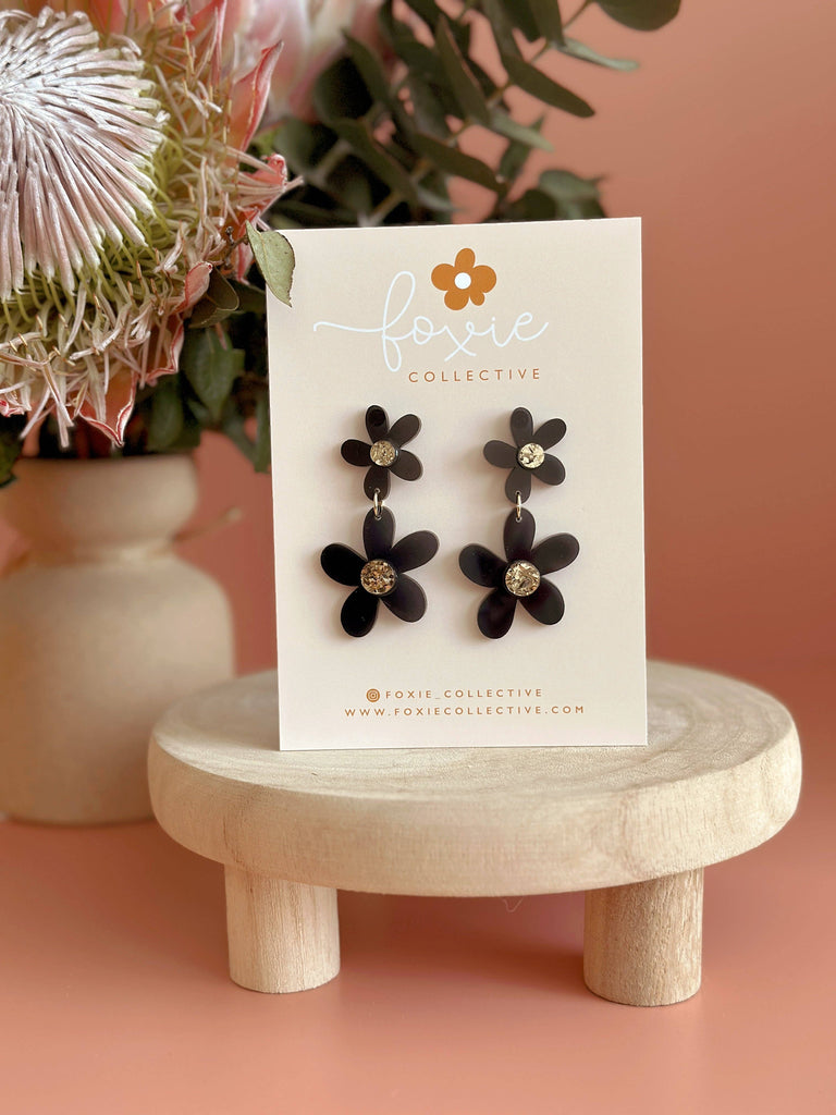Double Daisy Dangles | Black + Gold Sparkle – RUSTIC LACE